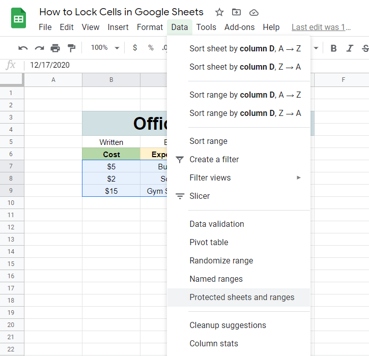 How To Lock Cells In Google Sheets OfficeBeginner