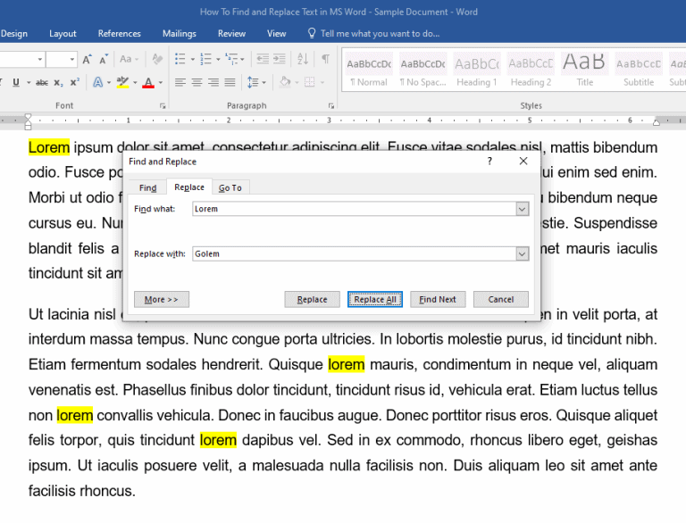 How To Find And Replace Text In MS Word OfficeBeginner