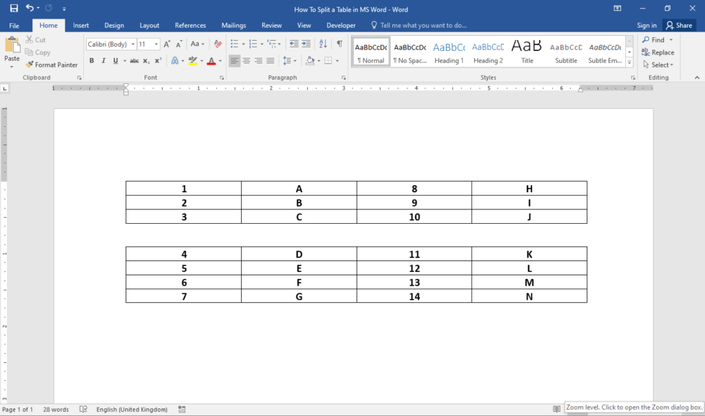 How To Split A Table Horizontally In MS Word OfficeBeginner