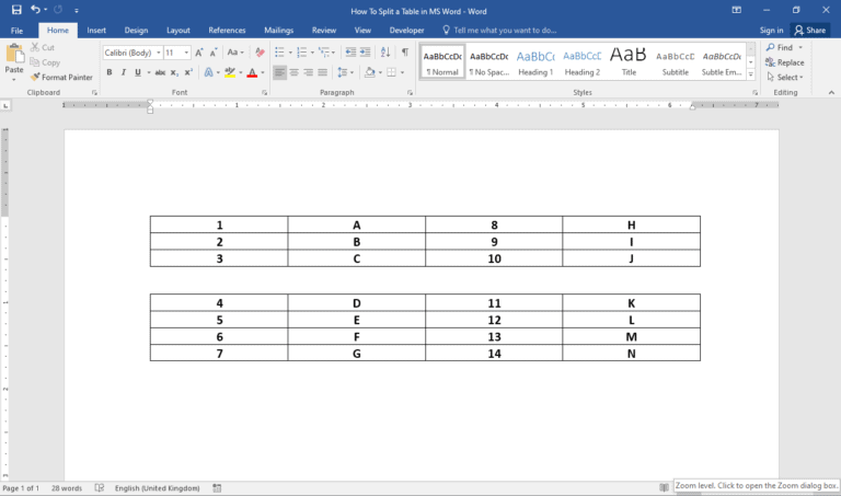 How To Split A Table Horizontally In MS Word OfficeBeginner