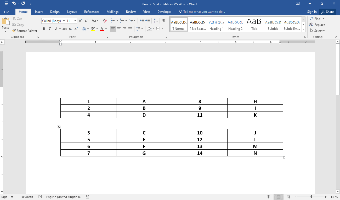 How to split a table horizontally in MS Word - OfficeBeginner