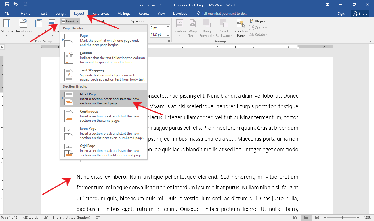 How To Have Different Header For Each Page In MS Word OfficeBeginner