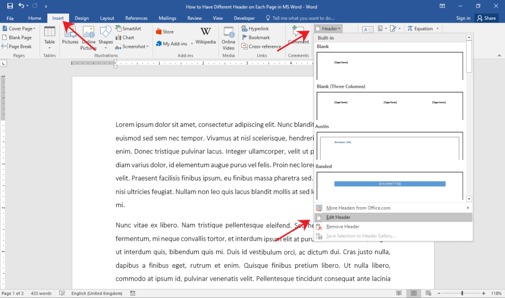 How To Have Different Header For Each Page In MS Word OfficeBeginner