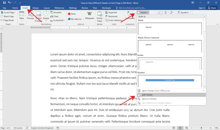 How To Have Different Header For Each Page In MS Word OfficeBeginner
