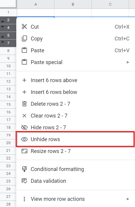 How To Unhide Rows In Google Sheets OfficeBeginner